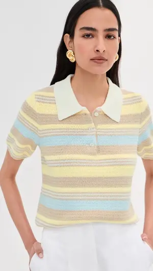 LE BOP Striped Boucle Knit Polo Shirt - Sand Multi