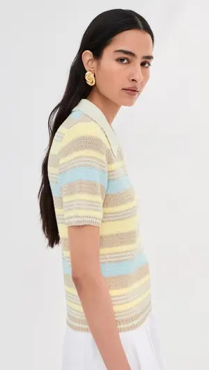 LE BOP Striped Boucle Knit Polo Shirt - Sand Multi