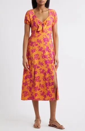 Loveappella Tie Front Slit Midi Dress - Orange/fuchsia