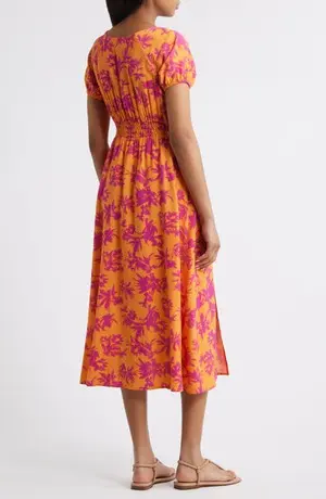 Loveappella Tie Front Slit Midi Dress - Orange/fuchsia