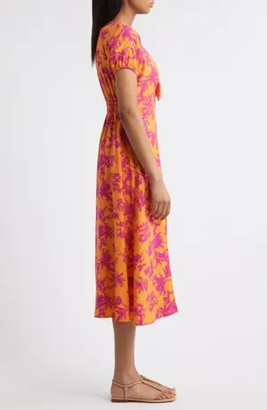 Loveappella Tie Front Slit Midi Dress - Orange/fuchsia
