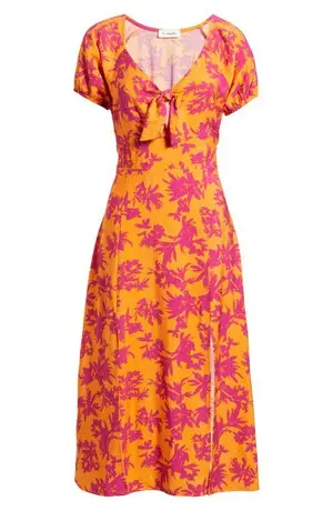 Loveappella Tie Front Slit Midi Dress - Orange/fuchsia