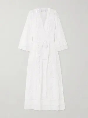 Miguelina Lucinda Belted Embroidered Voile And Lace Coverup - White