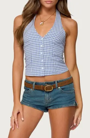 EDIKTED Gingham Cotton Halter Top - Blue