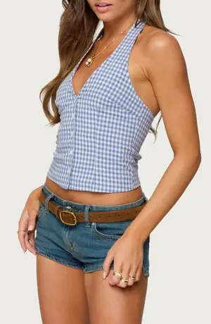 EDIKTED Gingham Cotton Halter Top - Blue