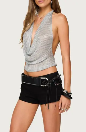 EDIKTED Metallic Cowl Neck Knit Halter Crop Top - Silver