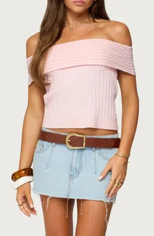 EDIKTED Blythe Ribbed Off-the-shoulder Knit Top - Light-pink