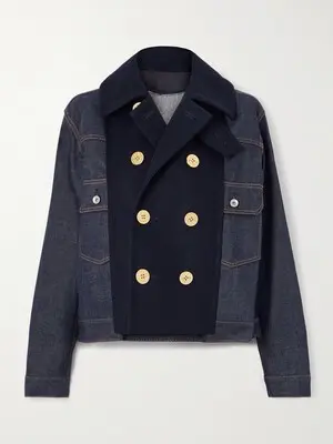 Sacai Double-breasted Wool-trimmed Denim Jacket - Blue