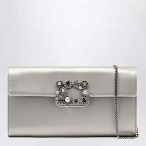 ROGER VIVIER Satin Clutch With Jeweled Buckle And Chain Strap Grey