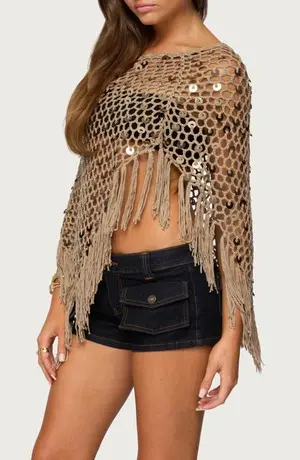 EDIKTED Open Stitch Sequin Fringe Poncho