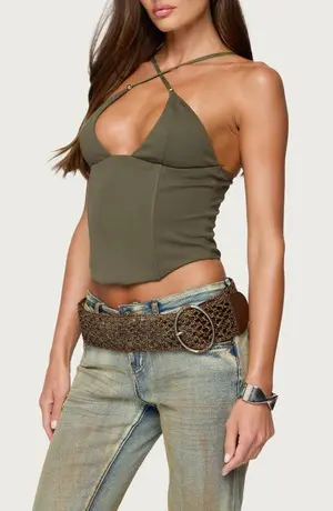 EDIKTED Crossover Strap Corset Camisole - Olive