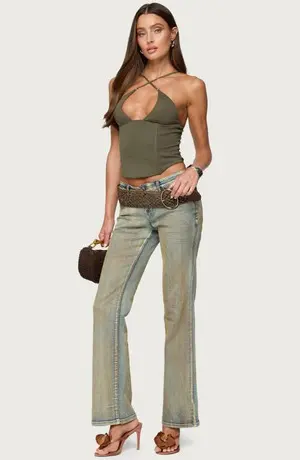 EDIKTED Crossover Strap Corset Camisole - Olive