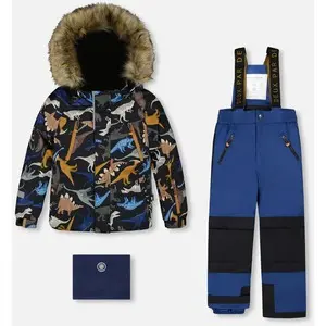 DEUX PAR DEUX Two-piece Play Snowsuit With Dinosaur Print Jacket - Navy Blue