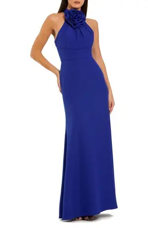 Mac Duggal Sleeveless Halter Neck Gown With Rosette Detail - Cobalt