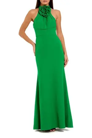 Mac Duggal Flower Halter Neck Crepe Column Gown - Spring Green