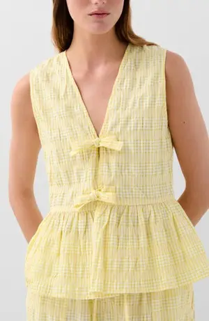SCALPERS Sleeveless Gingham Print Top With Front Ties - Lightyellow