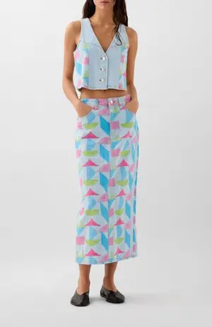 SCALPERS Three-colored Embroidered Denim Midi Skirt