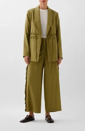 SCALPERS Ruffled Linen Trousers - Khaki