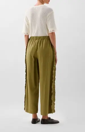 SCALPERS Ruffled Linen Trousers - Khaki