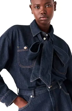 Maje Denim Shirt With Bow Detail - Navy