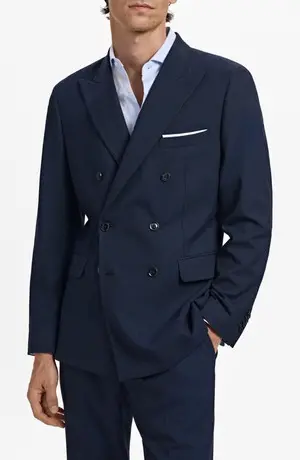 Mango Slim Fit Double Breasted Blazer Navy