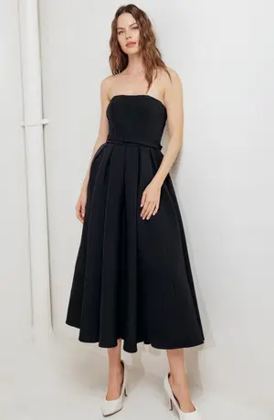 FREEMARKET Belted Strapless Midi Dress