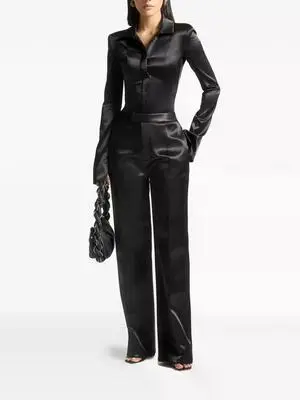 Manière De Voir Maniere De Voir Louise Wide Shoulder Satin Shirt Bodysuit - Black