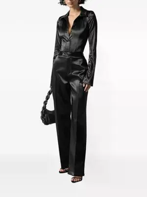Manière De Voir Maniere De Voir Louise Wide Shoulder Satin Shirt Bodysuit - Black