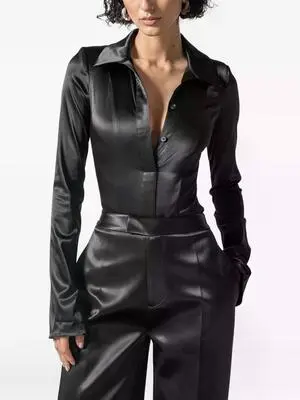 Manière De Voir Maniere De Voir Louise Wide Shoulder Satin Shirt Bodysuit - Black