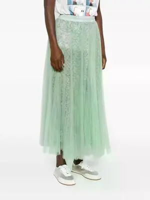 STYLAND Floral-print Pleated Tulle Midi Skirt