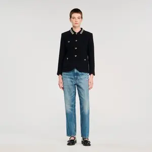 Sandro Tweed Jacket With Ribbed Collar - Black
