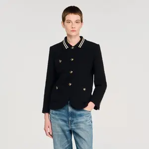 Sandro Tweed Jacket With Ribbed Collar - Black