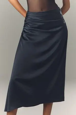 Theory Ruched Satin Midi Skirt - Navy