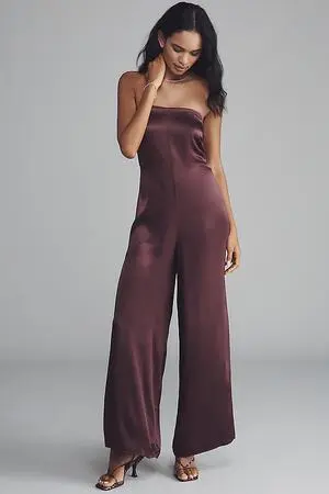 Anthropologie Fleur Strapless Satin Wide-leg Jumpsuit - Bordeaux
