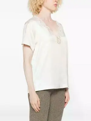 ERMANNO FIRENZE Lace-trimmed V-neck Top - Neutrals