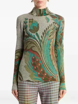 Etro Ribbed Paisley-print Turtleneck Sweater - Grey