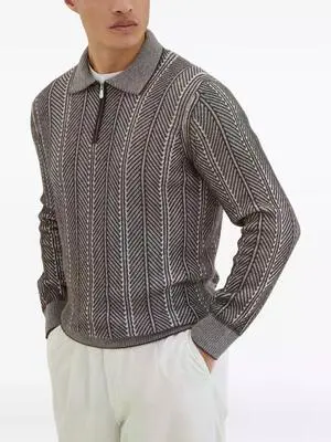 Brunello Cucinelli Herringbone-pattern Zipped Polo Shirt