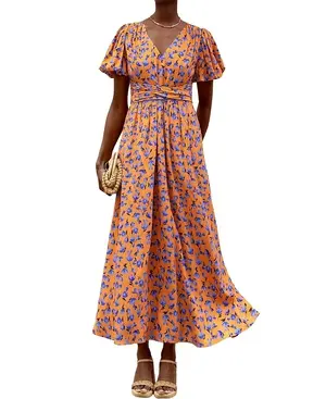 RO&ZO Floral Print Puff Sleeve Dress - Orange