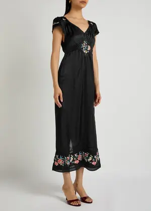 Rixo Carey Embroidered Satin Midi Dress - Blue