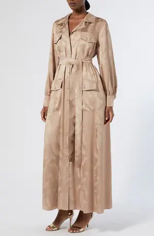 Marina Rinaldi Ottimo Fan Jacquard Long-sleeve Shirtdress - Beige