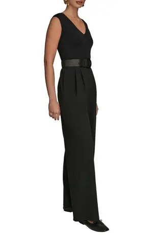 Donna Karan New York Sleeveless Belted Mixed Media Jumpsuit