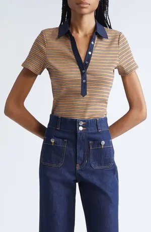 Veronica Beard Kearney Stripe Stretch Cotton Rib Polo - Brown Multi