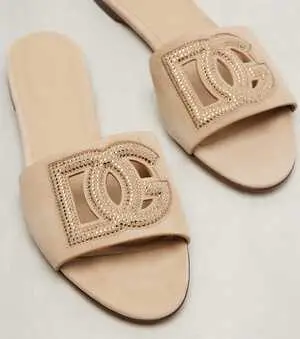 Dolce & Gabbana Embellished Suede Slides - Beige