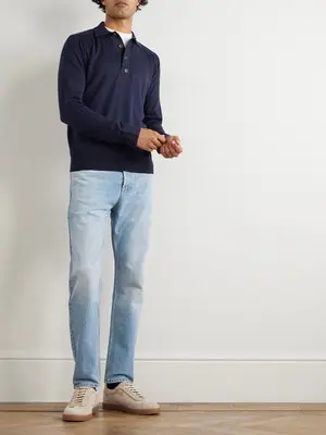 Eleventy Slim-fit Cotton And Cashmere-blend Polo Shirt - Blue