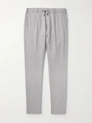 Eleventy Slim-fit Pleated Wool And Cashmere-blend Drawstring Trousers