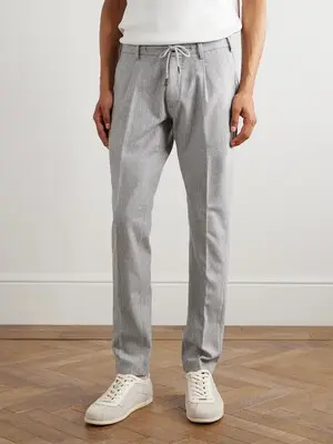 Eleventy Slim-fit Pleated Wool And Cashmere-blend Drawstring Trousers
