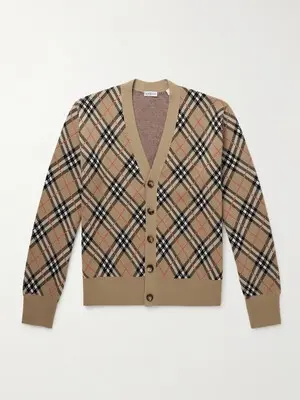 Burberry Checked Jacquard-Knit Wool-Blend Cardigan Neutrals