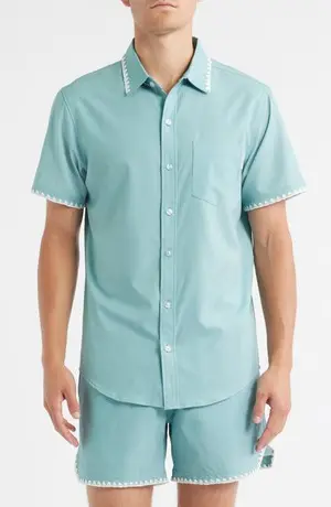 MAVRANS Crochet Trim Short Sleeve Performance Button-up Shirt - Blue