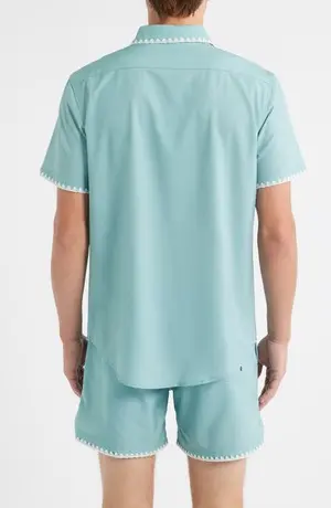 MAVRANS Crochet Trim Short Sleeve Performance Button-up Shirt - Blue