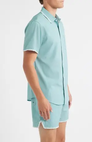 MAVRANS Crochet Trim Short Sleeve Performance Button-up Shirt - Blue